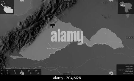 Barinas, state of Venezuela. Grayscaled map with lakes and rivers ...