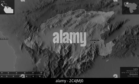 Lara, state of Venezuela. Grayscaled map with lakes and rivers. Shape ...