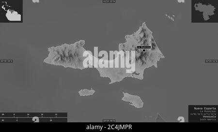 Nueva Esparta, state of Venezuela. Grayscale elevation map with lakes ...