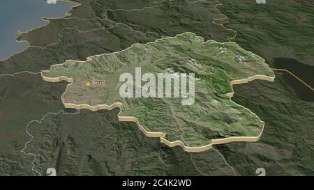 Zoom in on Elbasan (county of Albania) outlined. Oblique perspective ...