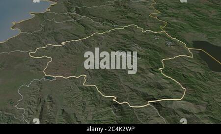 Zoom in on Elbasan (county of Albania) outlined. Oblique perspective ...