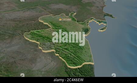 Zoom in on Lankaran (region of Azerbaijan) extruded. Oblique ...