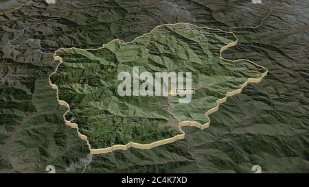 Zoom in on Punakha (district of Bhutan) outlined. Oblique perspective ...