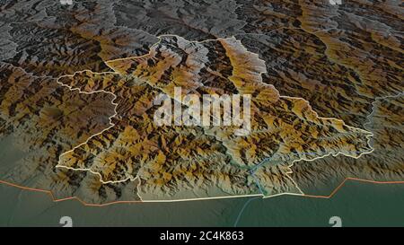 Zoom in on Zhemgang (district of Bhutan) outlined. Oblique perspective ...