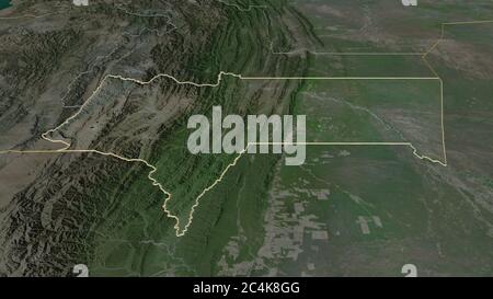 Zoom in on Tarija (department of Bolivia) outlined. Oblique perspective ...