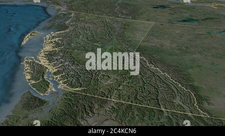 Zoom in on British Columbia (province of Canada) outlined. Oblique ...