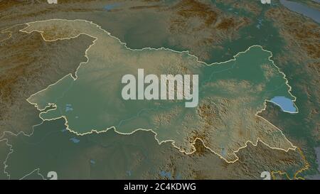 Zoom in on Heilongjiang (province of China) outlined. Oblique ...