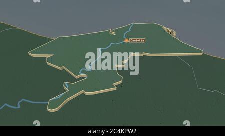Zoom in on Dumyat (governorate of Egypt) outlined. Oblique perspective ...