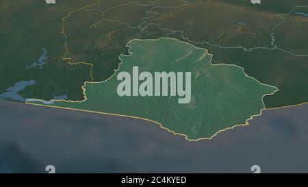 Zoom in on Western (region of Ghana) extruded. Oblique perspective ...
