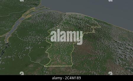 Zoom in on Demerara-Mahaica (region of Guyana) outlined. Oblique ...