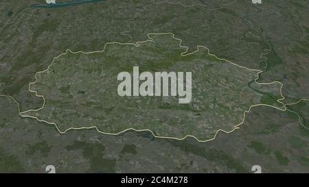 Zoom in on Baranya (county of Hungary) outlined. Oblique perspective ...