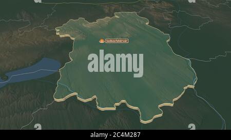 Zoom in on Fejér (county of Hungary) outlined. Oblique perspective ...