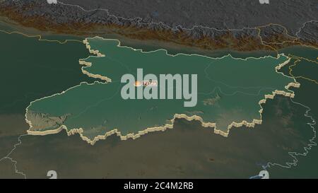 Zoom in on Bihar (state of India) extruded. Oblique perspective ...