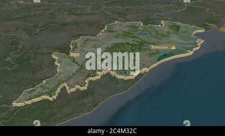 Zoom in on Odisha (state of India) outlined. Oblique perspective ...