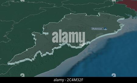 Zoom in on Odisha (state of India) outlined. Oblique perspective ...