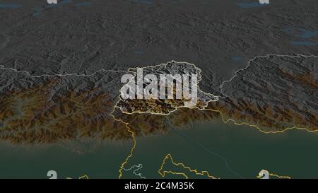 Zoom in on Sikkim (state of India) extruded. Oblique perspective ...