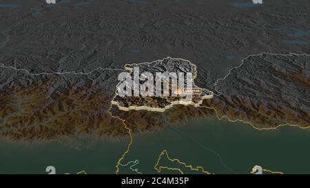 Zoom in on Sikkim (state of India) extruded. Oblique perspective ...