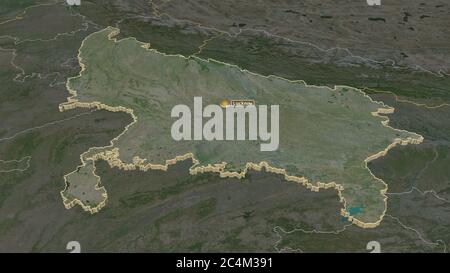 Zoom in on Uttar Pradesh (state of India) extruded. Oblique perspective ...