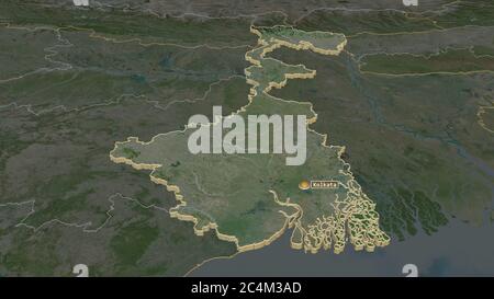 Zoom in on West Bengal (state of India) outlined. Oblique perspective ...