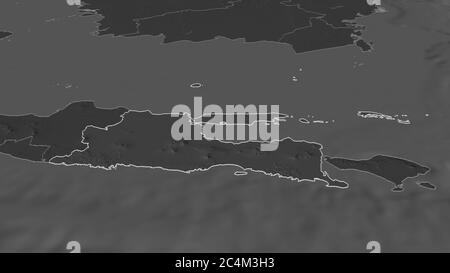 Jawa Timur, province of Indonesia. Bilevel elevation map with lakes and rivers. Locations and ...