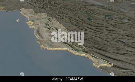 Zoom in on Bushehr (province of Iran) outlined. Oblique perspective ...