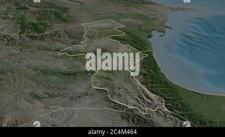Zoom in on Ardebil (province of Iran) outlined. Oblique perspective ...