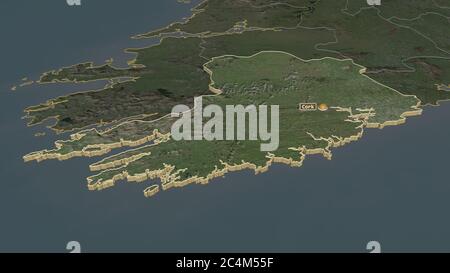 Zoom in on Cork (county of Ireland) outlined. Oblique perspective ...