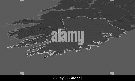 Zoom in on Cork (county of Ireland) outlined. Oblique perspective ...