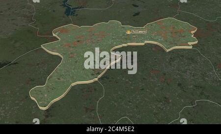Zoom in on Offaly (county of Ireland) outlined. Oblique perspective ...