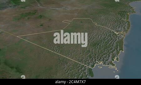 Zoom in on Kwale (county of Kenya) outlined. Oblique perspective ...