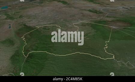 Zoom in on Nyeri (county of Kenya) outlined. Oblique perspective ...