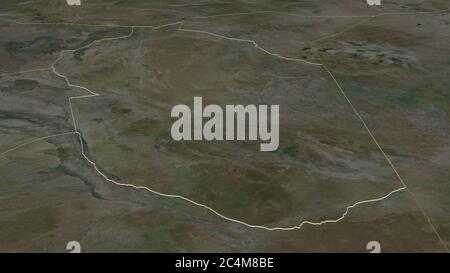 Zoom in on Wajir (county of Kenya) outlined. Oblique perspective ...