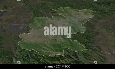 Zoom in on Gnjilane (district of Kosovo) outlined. Oblique perspective ...