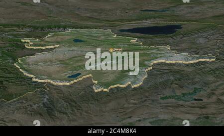 Zoom in on Naryn (province of Kyrgyzstan) extruded. Oblique perspective ...