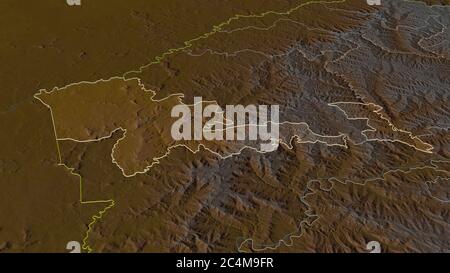 Zoom in on Mafeteng (district of Lesotho) outlined. Oblique perspective ...