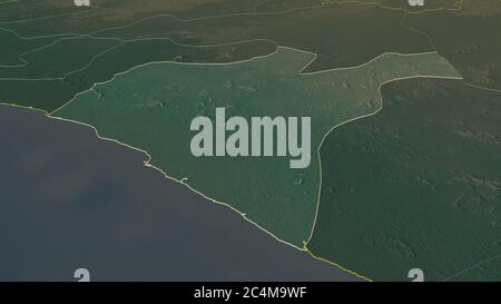 Zoom in on Grand Bassa (county of Liberia) outlined. Oblique ...