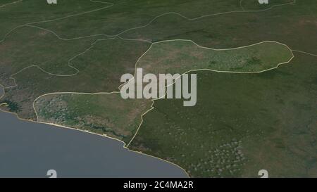 Zoom in on Margibi (county of Liberia) outlined. Oblique perspective ...