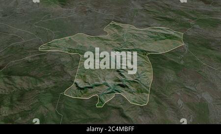 Zoom in on Petrovec (municipality of Macedonia) extruded. Oblique ...