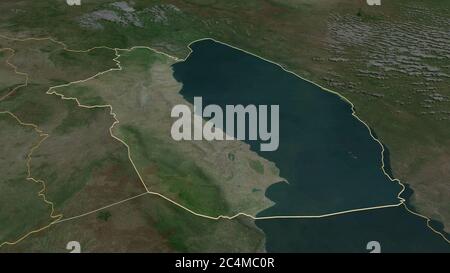Zoom in on Karonga (district of Malawi) outlined. Oblique perspective ...