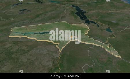 Zoom in on Tete (province of Mozambique) outlined. Oblique perspective. Satellite imagery. 3D ...