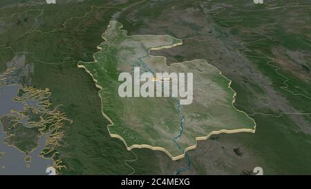 Zoom in on Magway (division of Myanmar) outlined. Oblique perspective ...