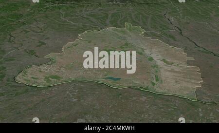 Zoom in on Dolj (county of Romania) outlined. Oblique perspective ...