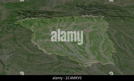 Zoom in on Gorj (county of Romania) outlined. Oblique perspective ...