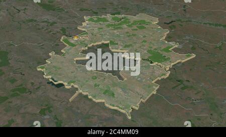 Zoom in on Ilfov (county of Romania) extruded. Oblique perspective ...