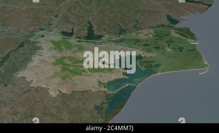 Zoom in on Tulcea (county of Romania) outlined. Oblique perspective ...