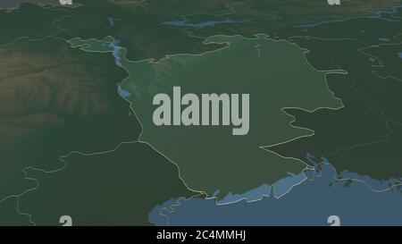 Zoom in on Kalmyk (republic of Russia) outlined. Oblique perspective ...