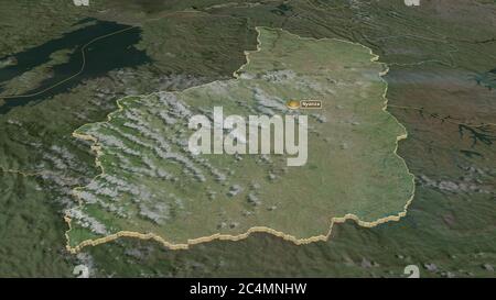 Zoom in on Amajyepfo (province of Rwanda) extruded. Oblique perspective ...