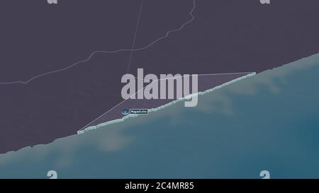 Zoom in on Banaadir (region of Somalia) outlined. Oblique perspective ...