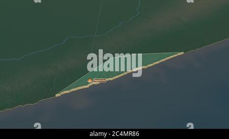 Zoom in on Banaadir (region of Somalia) extruded. Oblique perspective ...