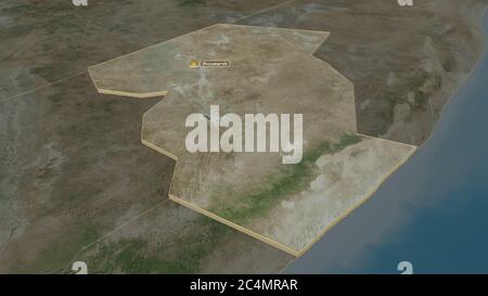 Zoom in on Galguduud (region of Somalia) outlined. Oblique perspective ...